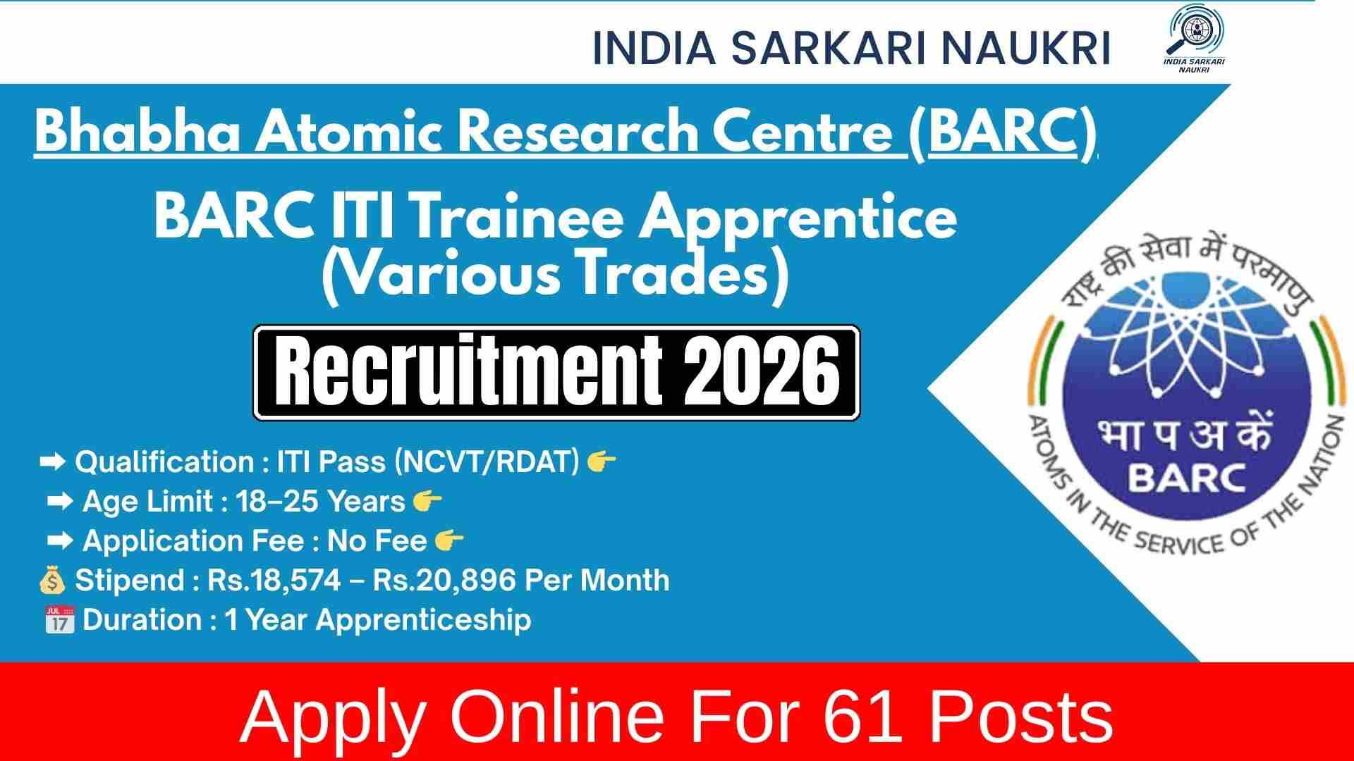 BARC ITI Apprentice Recruitment 2026 Apply Online for 61 Posts