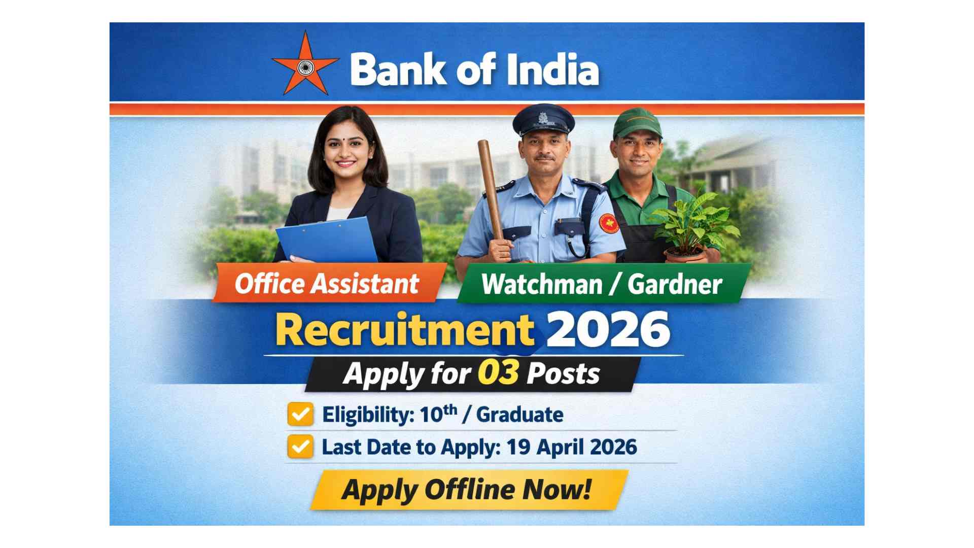 Bank of India Office Assistant, Watchman/Gardner Recruitment 2026 Apply ...