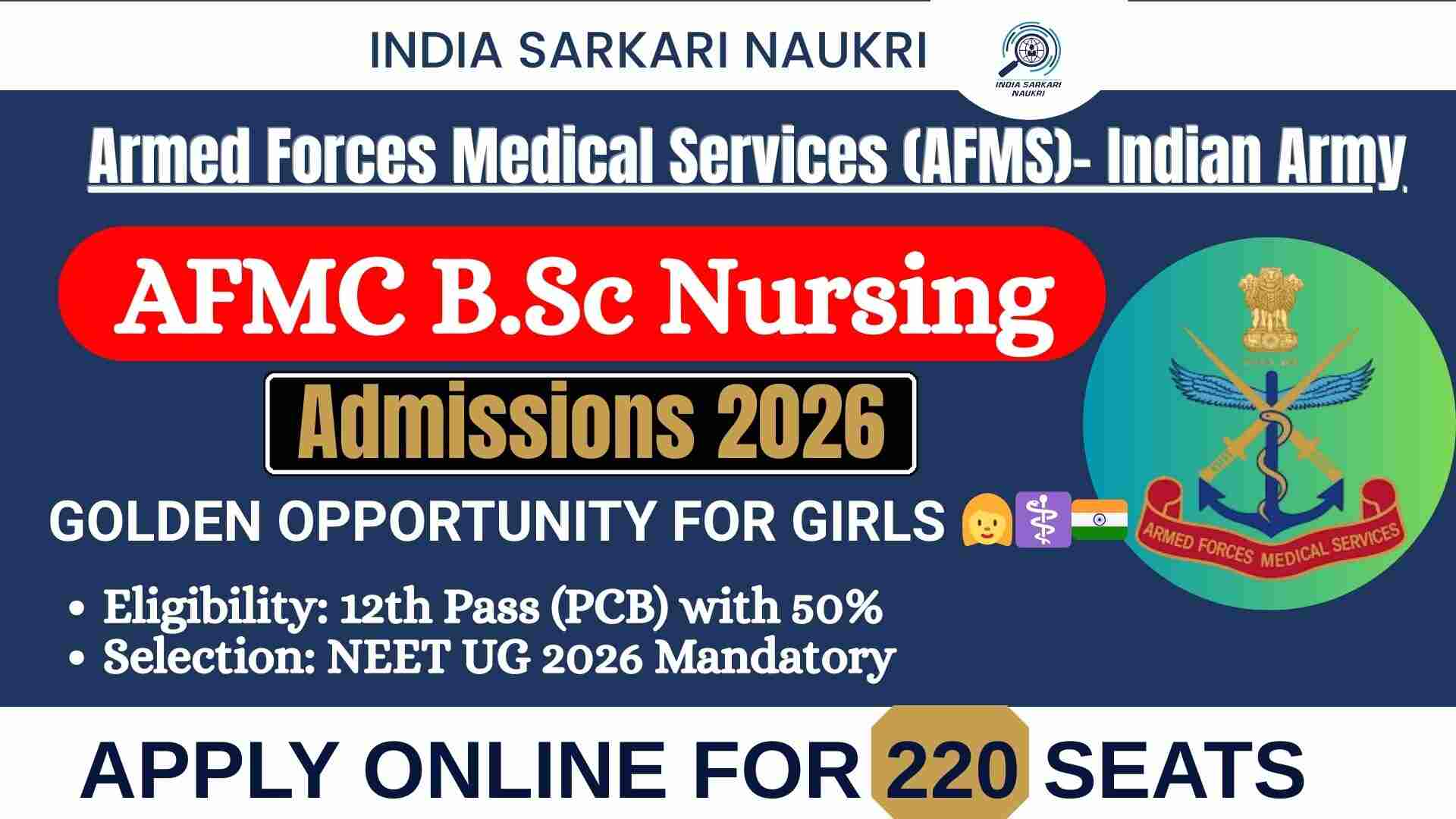 Indian Army AFMC B.Sc Nursing Admission 2026 | Apply Online (220 Seats)