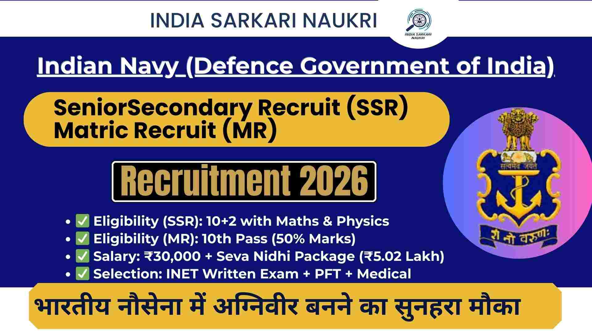 Indian Navy Agniveer SSR MR Recruitment 2026 Apply Online, Eligibility ...