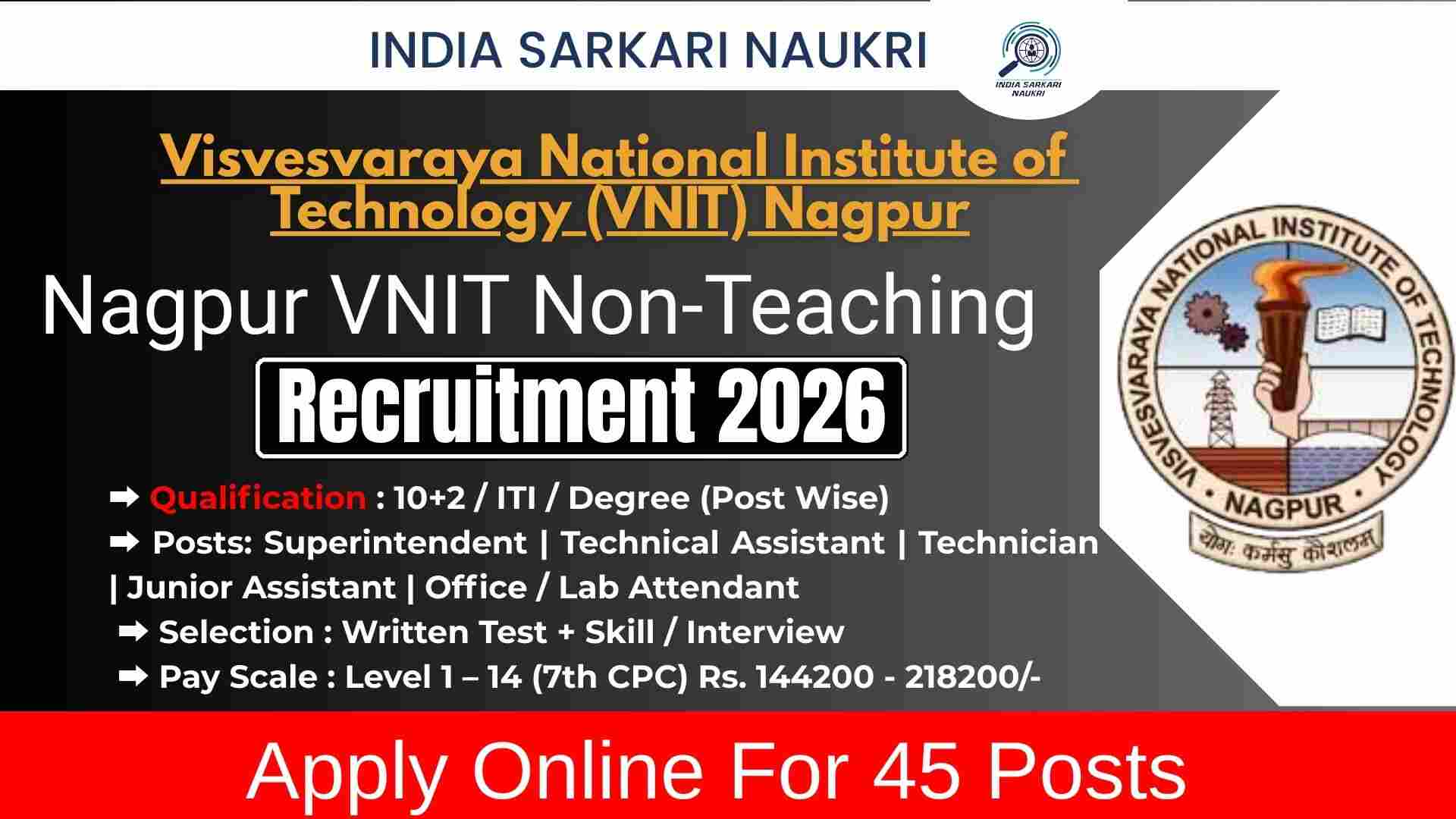 VNIT Nagpur Non-Teaching Recruitment 2026 Apply Online for 45 Posts