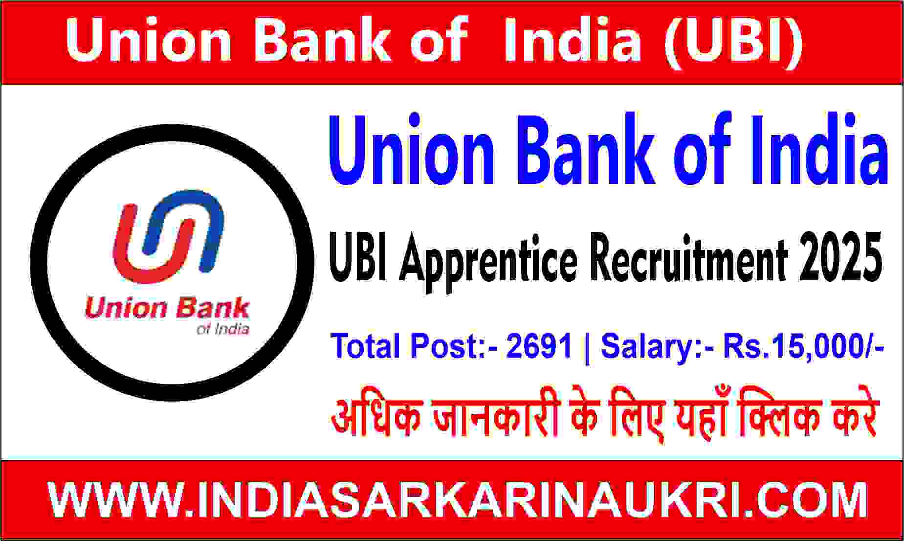 Union Bank of India UBI Apprentice Recruitment 2025 Apply for 2691 Posts